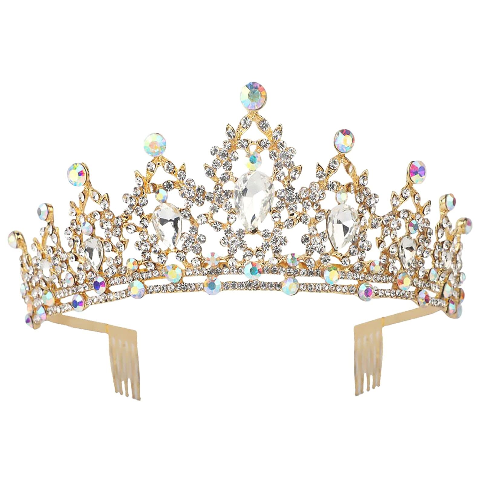 Sppry Women Tiara with Comb - Colorful AB Crystals Crown for Bridal Princess Girls at Wedding Birthday Pageant (Gold)