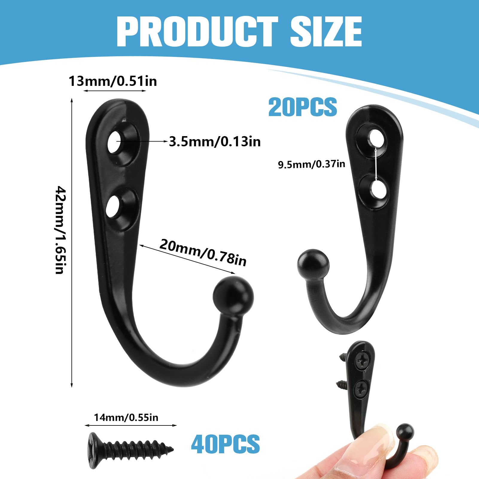 hoeslaw 20PCS Wall Mount Coat Hooks, Metal Heavy Duty Hanger with 40PCS Screws, Rustproof Wall Mout Hook for Hanging Towel Robe Bag Cup Bathroom Bedroom Kitchen Living Room Hotel Garage Pool (Black)