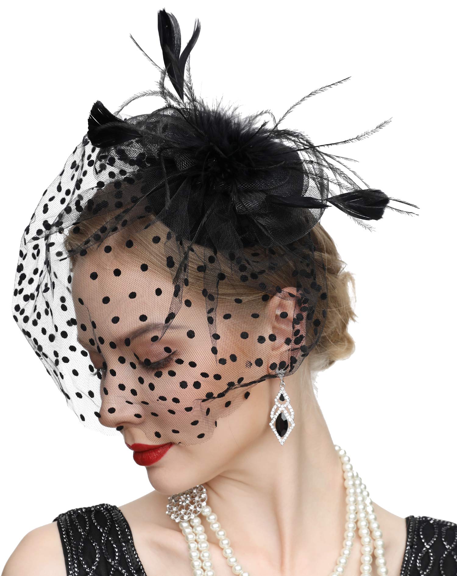Cizoe Fascinator Hair Clip Pillbox Hat Bowler Feather Flower Veil Wedding Party Hat Tea Hat(2-Black)