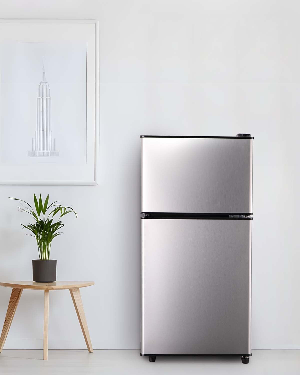 Kazigak 3.5 Cu.Ft Mini Fridge with Freezer, Double Door, Small Refrigerator,7-Level Adjustable Thermostat, Quiet Mini Fridge for Bedroom, Dorm, Office, Apartment Silver