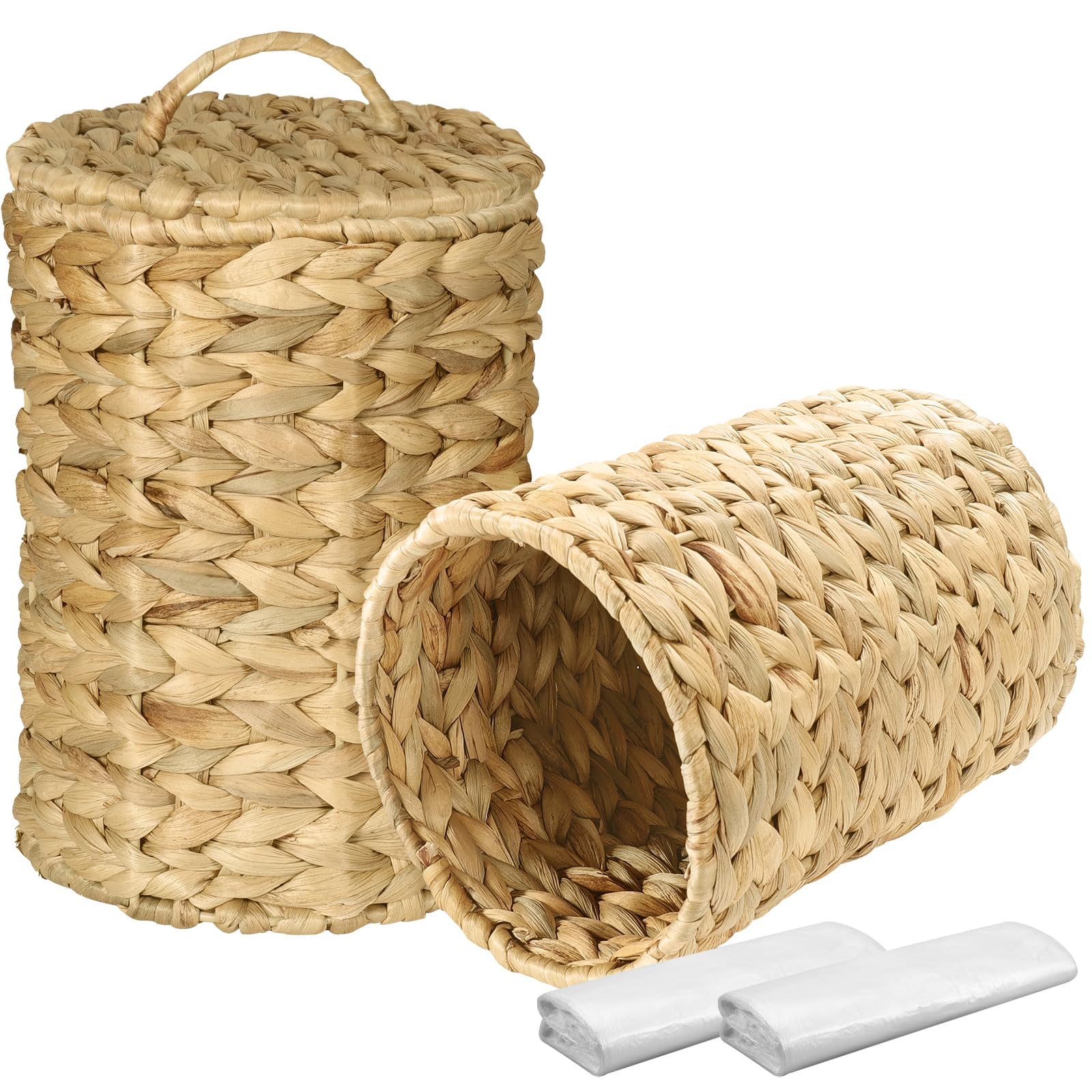 hardcometrue Boho Wicker Trash Can with Lid,Bathroom Trash Can with Trash Bags Hand Woven Water Hyacinth Trash Basket for Kitchen Bedroom Office