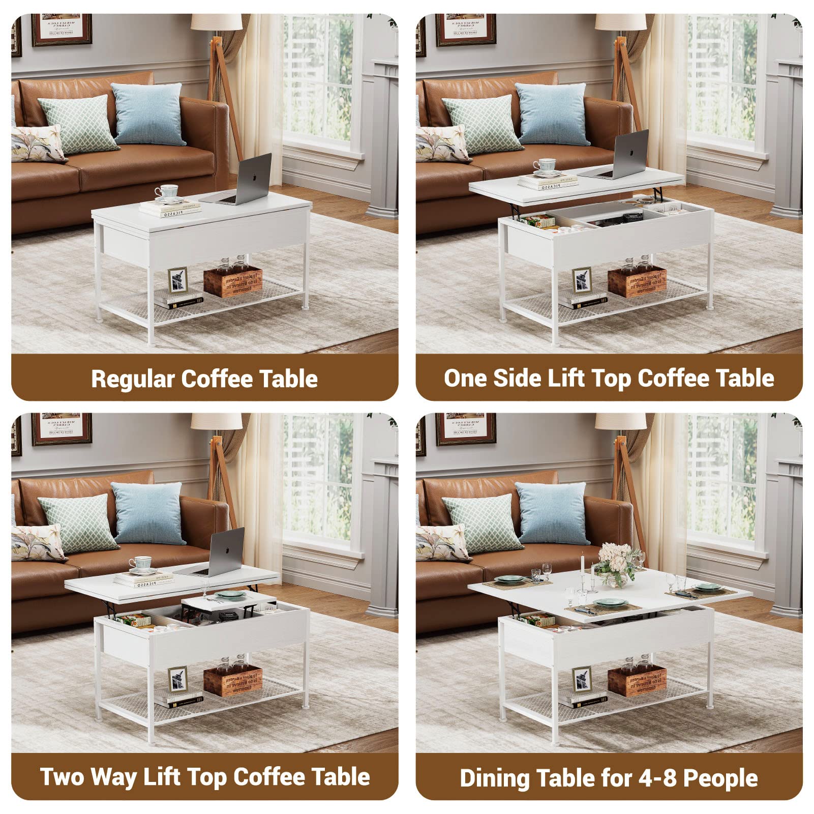 cosimates Lift Top Coffee Table ,4 in 1 Multi-Function Coffee Table with Hidden Compartment ,Convertible Dining Table for Living Room Reception,Home Office, White