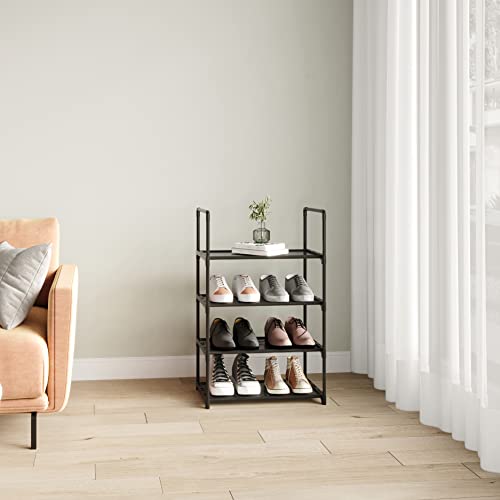 Yegazte Upgrade Stackable Small Shoe Rack, 4-Tier Nonwoven Shoe Storage Organizer with Handle for Entryway, Hallway and Closet (Black)