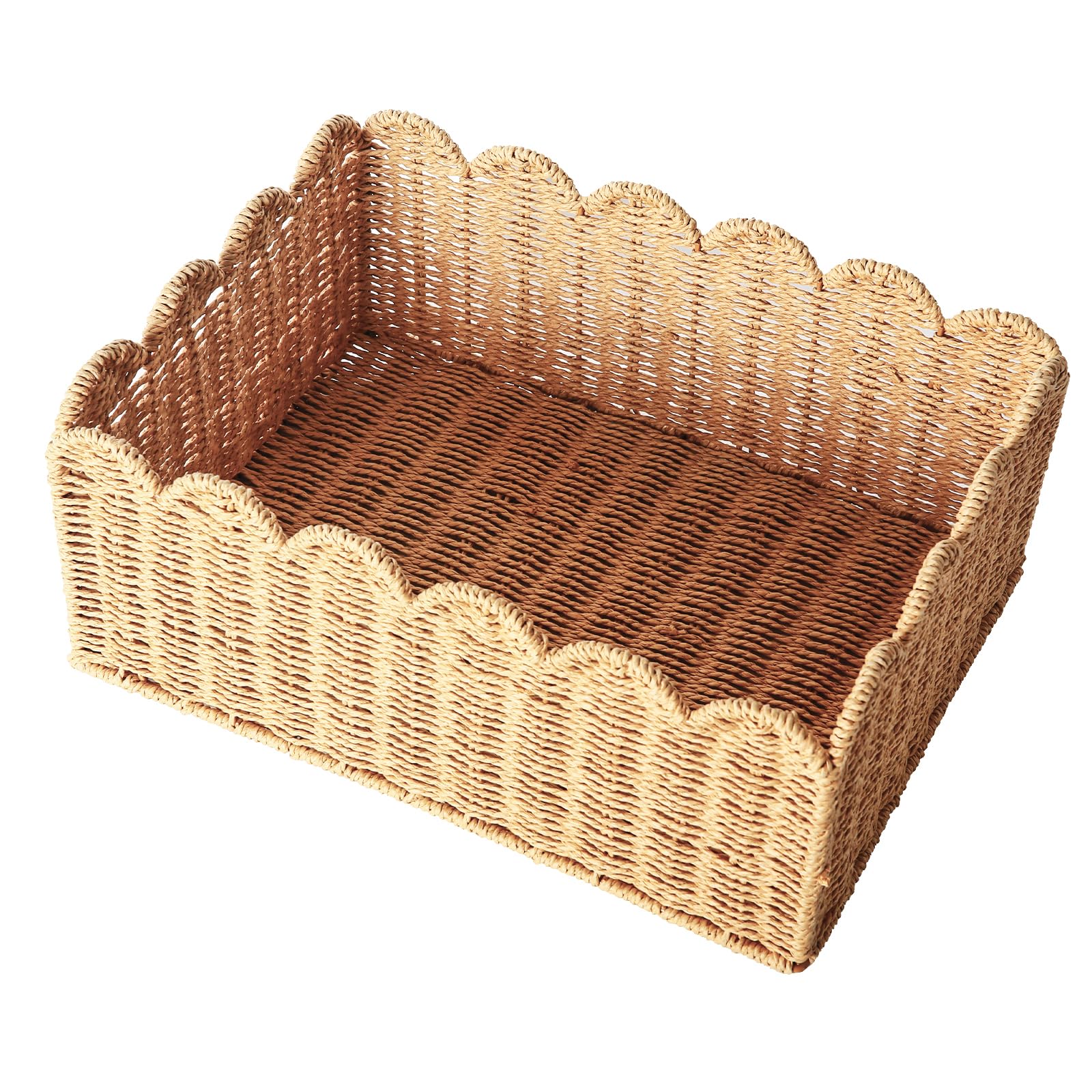 Scalloped Edge Basket, Wicker Storage Baskets, Hand Woven Baskets for Shelves,Natural Baskets for Organizing (M-14" L x 10.5" W x 6" H)