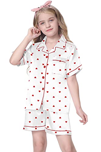 Satin Pajamas for Womens, Silk Pajamas 2 Pcs Button Down Sleepwear Short Sleeve Loungewear Outfit for Womens, D White Heart, US S