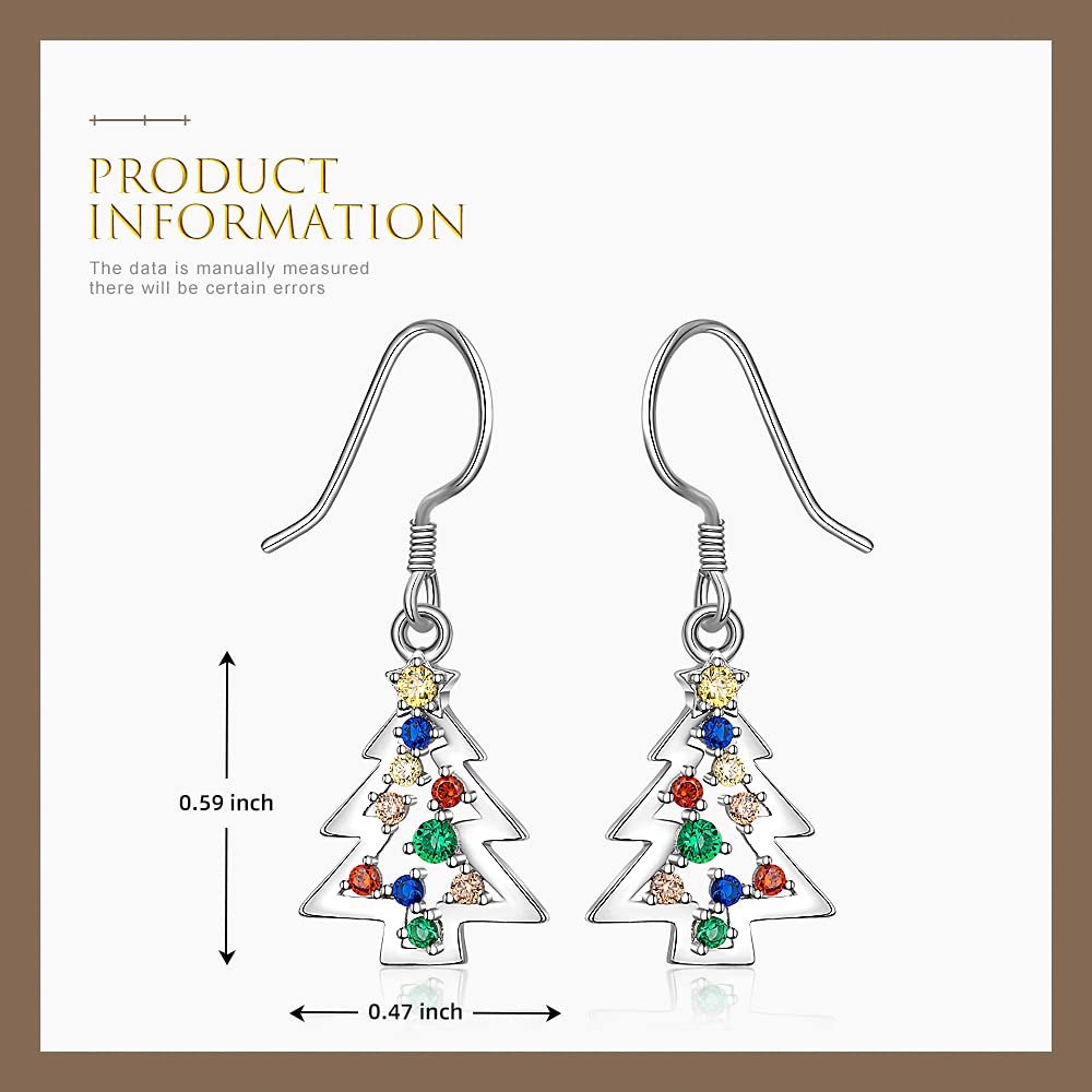 Christmas Tree Dangle Earrings Drop Star S925 Sterling Sliver for Women Colorful CZ Hypoallergenic Piercing Cute Fish Hook Festive Winter Holiday Jewelry Xmas Gift