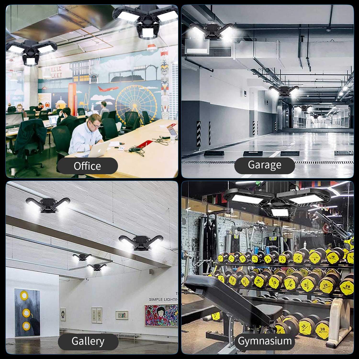 Deformable LED Garage Lights, E26 Base 60W LED Ceiling Lights, 6000LM 6000K Super Bright Shop Light with 3 Adjustable Angle Panels for Workshop, Warehouse, Basement Cellar, Full Area Basement etc
