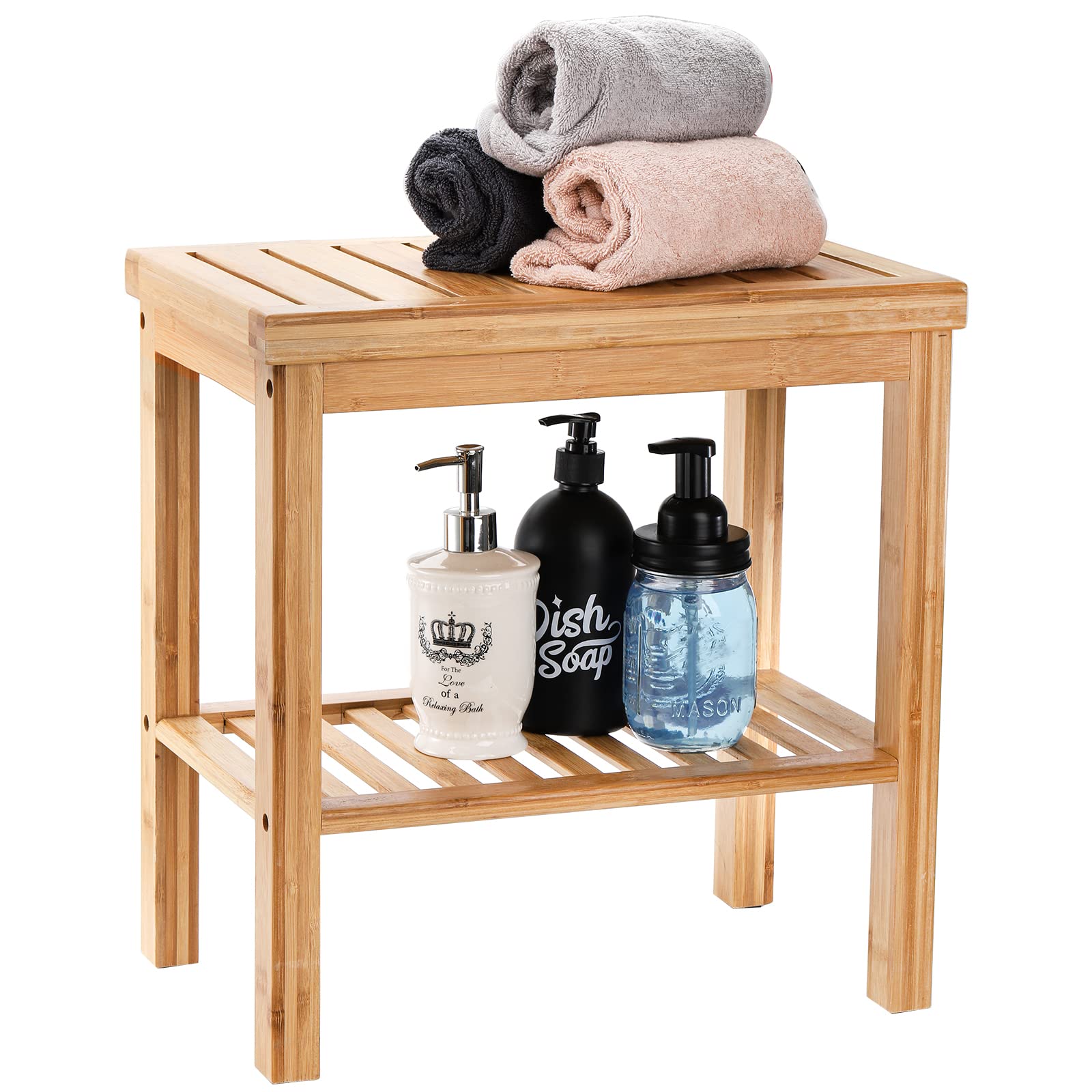 SOUJOY Bamboo Shower Bench, Bath Seat Stool, Spa Foot Rest Shaving Stool, Storage Shelf for Shampoo Towel, Works in Inside Bathroom, Living Room, Bedroom, Garden Leisure