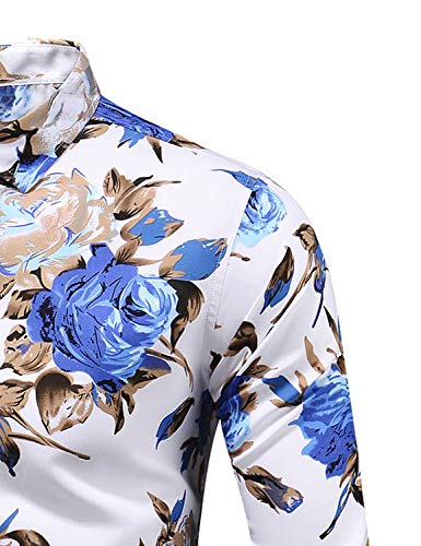 Men's Slim fit Printed Long-Sleeve Button-Down Dress Floral Shirt (Large Chest: 45.7 inch, White Blue)