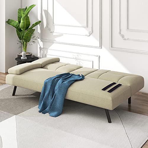 LIFERECORD Futon Sofa Bed Modern Linen Fabric Convertible Folding Lounge Couch Daybed for Living Room with 2 Cup Holders, Removable Soft Armrest and Sturdy Metal Leg, Khaki