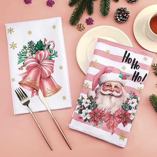 Preboun 6 Pcs Christmas Kitchen Towels Santa Reindeer Stripe Dish Towels Christmas Hand Towels Pink Farmhouse Tea Towels for Xmas Kitchen Bathroom Decor