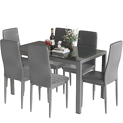Recaceik Glass Dining Table Sets for 6, 7 Piece Kitchen Table and Chairs Set for 6 Person, Tempered Glass Table and PU Leather Chairs Modern Dining Room Sets for Small Dinette Apartment