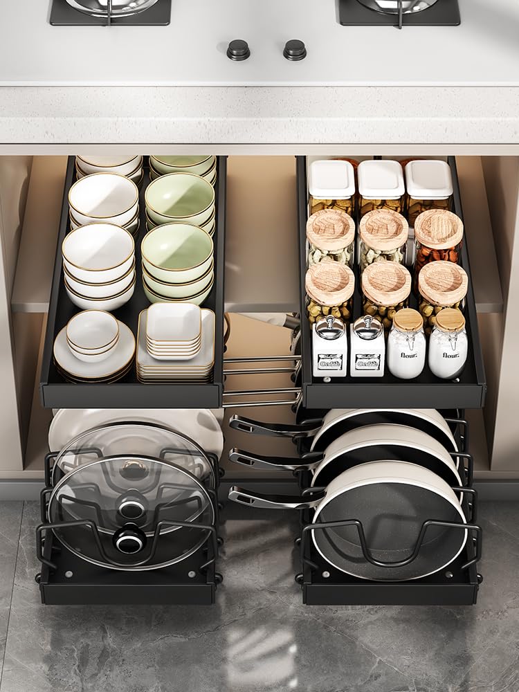 HOTEC Pull Out Pots and Pans Organizer for Kitchen Cabinets β Versatile Under-Cabinet or In-Cabinet Pot Lid and Pan Rack with 8 Adjustable Dividers, Adhesive Nano Strip/Screw Installation