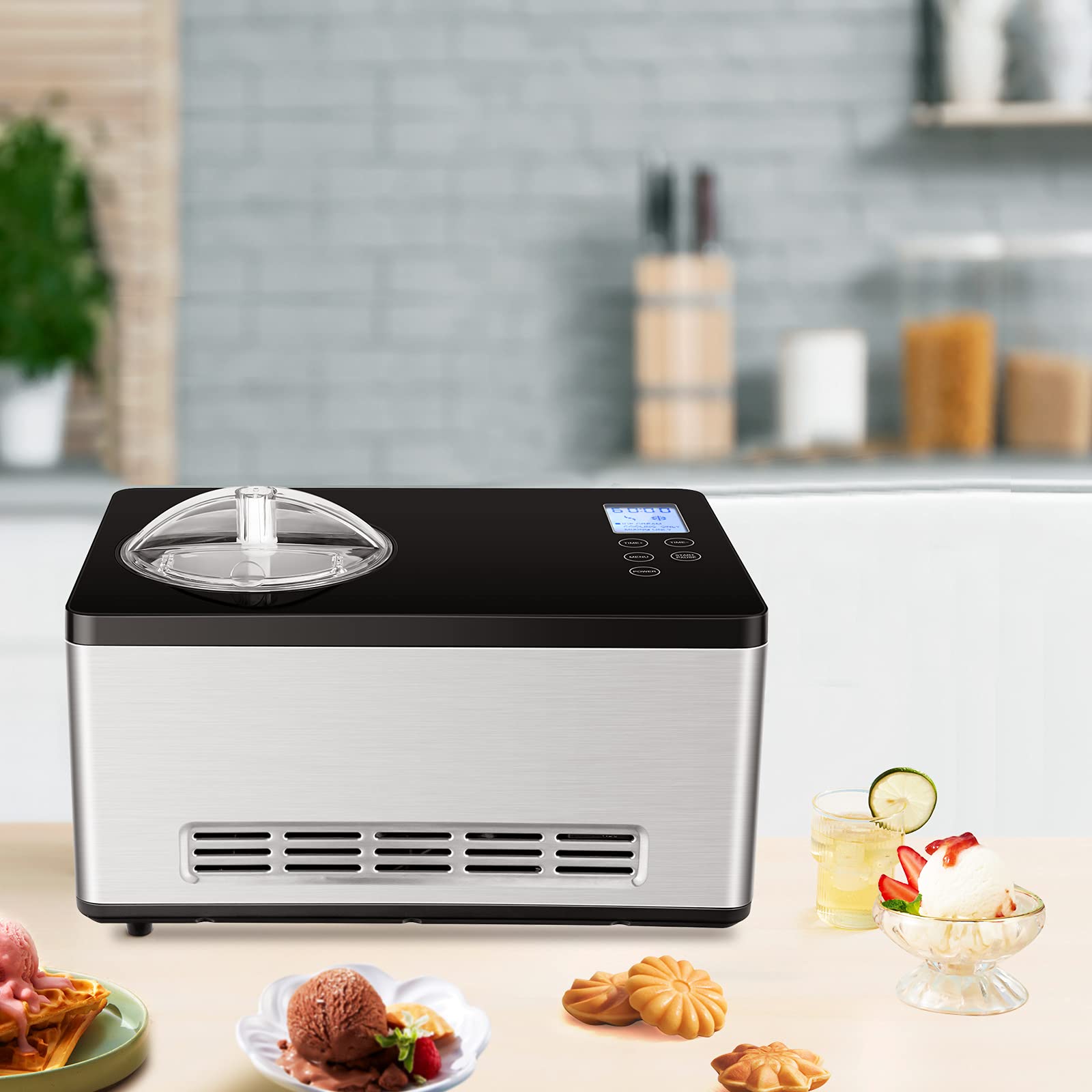COSTWAY Ice Cream Maker, 2.1-Quart Automatic Countertop Ice Cream Machine with LCD Digital Display, Built-in Compressor, Timer Control, Mixing Bowl, Electric Fruit Yogurt Machine