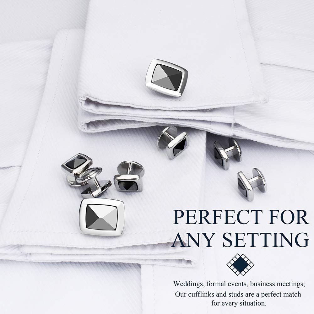 Cufflinks and Studs for Men-Fashion Mens Grey Stone Cufflinks and Tuxedo Shirt Studs Set for Regular Weeding Business Accessories