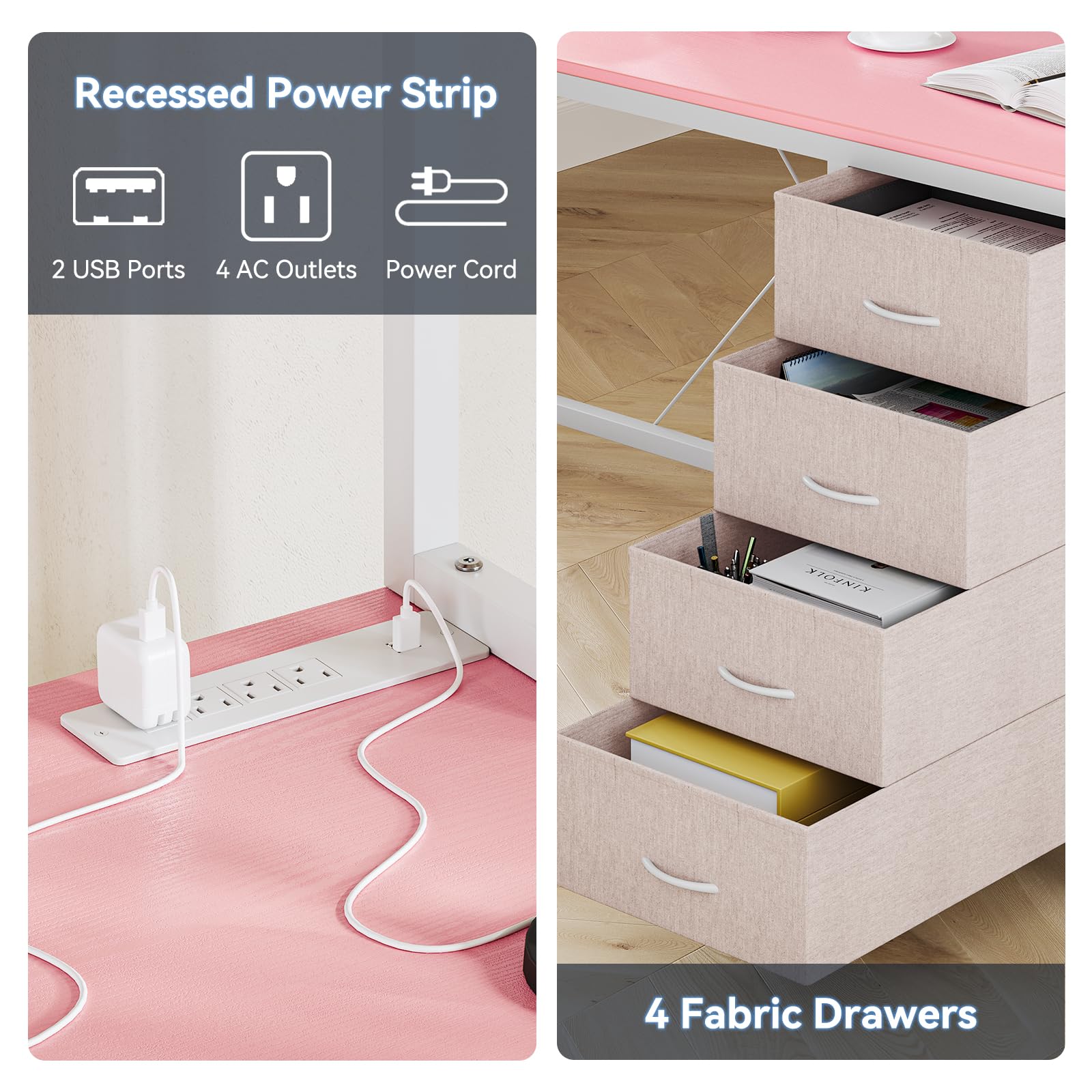 Harmobitat U Shaped Computer Desk with Monitor Stand and LED Lights, Computer Gaming Desk with Storage Shelves, Large U- Shape Desk with Power Outlets, Corner Office Desk with 4 Drawers, Pink