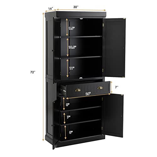 Tangkula 72" H Kitchen Pantry Cupboard Cabinet, Traditional Freestanding Large Tall Storage Cabinet with 2 Cabinets and Drawer, Adjustable Shelves Design, for Living Room Kitchen, 30 x 16 x 72 Inch