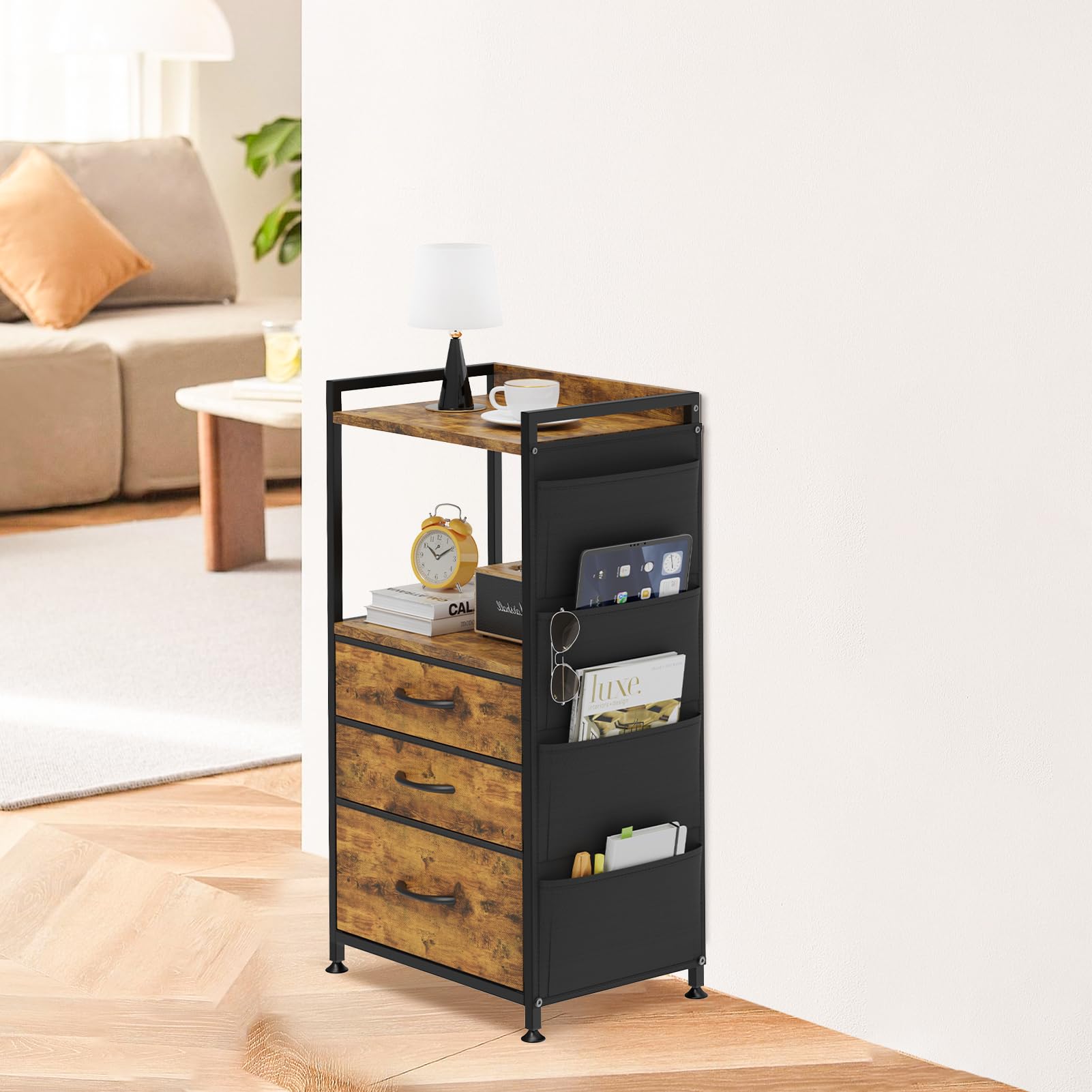 LASZOLA Nightstand with 3 Fabric Drawers and Side Pockets, Vertical Bedside Table with Wood Shelf, End Table Bed Side Dresser Furniture for Bedroom Living Room Entryway College Dorm, Rustic Brown, 1