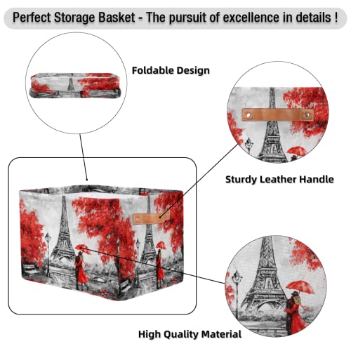 Rectangular Paris Baskets, Girls Storage Bins Kids Storage Basket with PU Leather Handles Cute Baskets Clothes Toys Box Books Baskets Gifts Baskets for Closet Shelf Nursery Bedroom 15x11x9.5 In