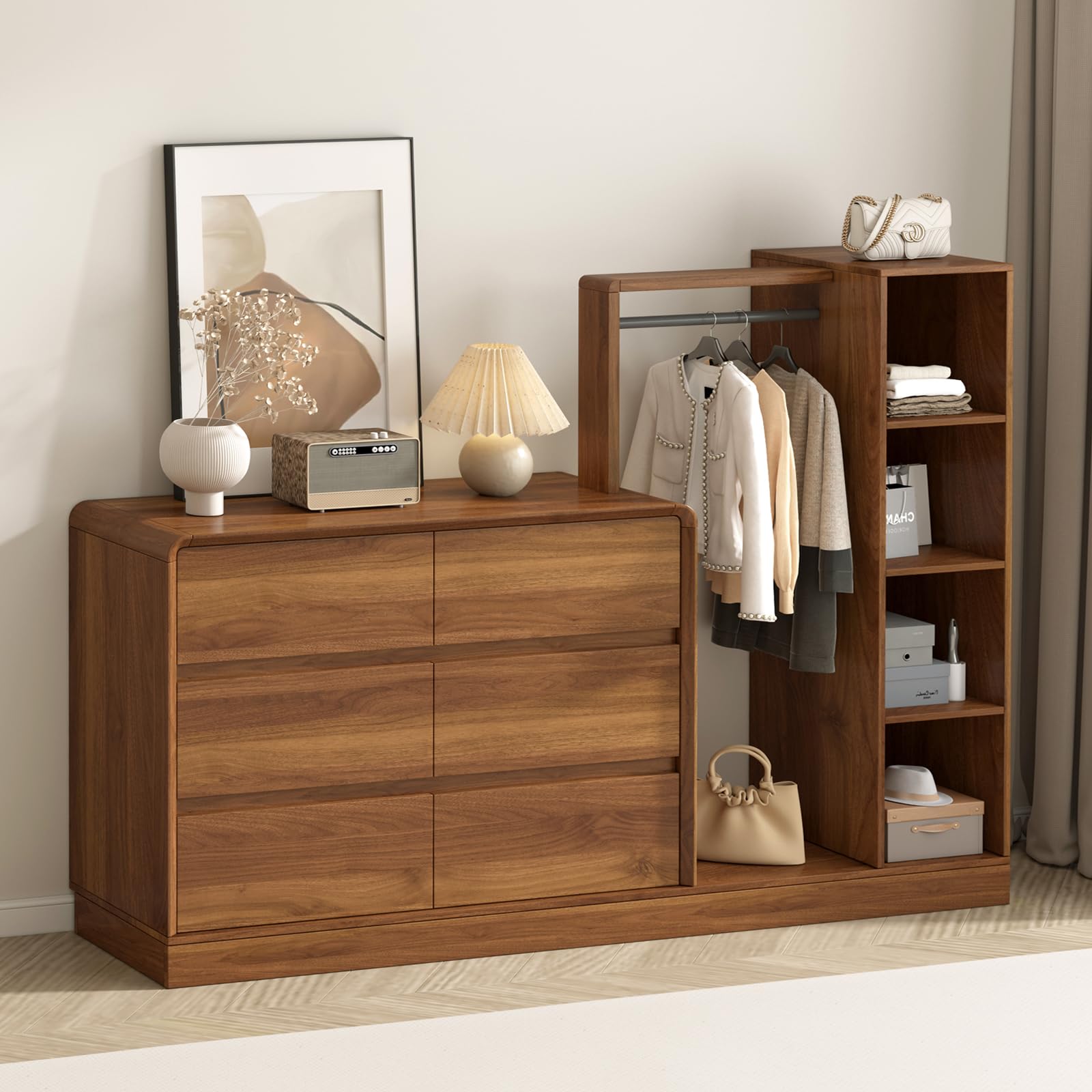 Messenya Dresser with Hanging Racks&Open Shelf Bookcase,Dresser for Bedroom with 6 Drawers Dresser with Clothes Rack, 4-Tier Bookshelf Wood Storage Unit