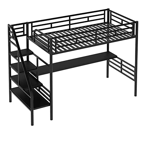 TARTOP Twin Metal Loft Bed with Desk and Stairs for Juniors Heavy Duty Steel Loft Bed for Small Space, No Box Spring Needed,Black