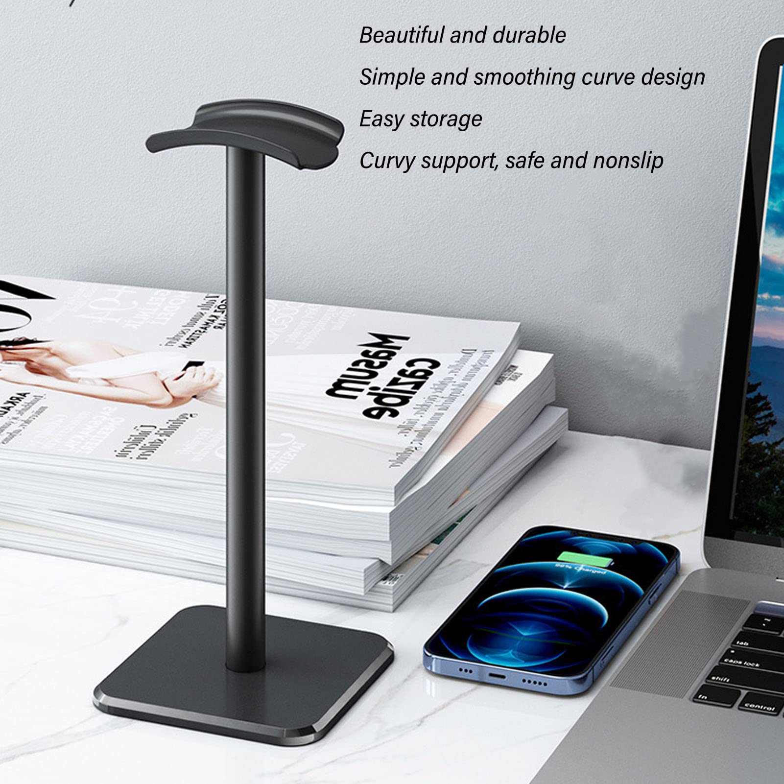 Cuifati Headphone Stand, Aluminum Desktop Headset Stand, Headset Earphone Holder with Solid Base TPU Tray, for AirPods Max for Beats for Bose for HyperX, Easy to Install (Black)