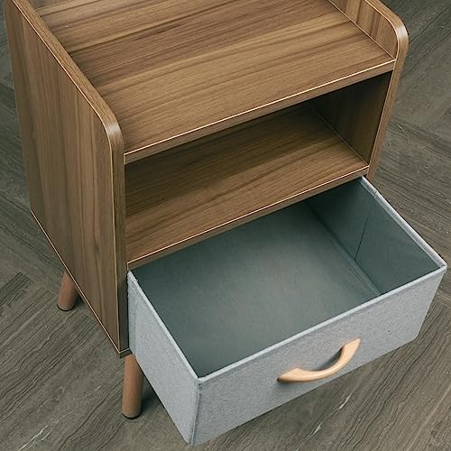 LUCKNOCK NightStand with Fabric Drawer, Bedside Table with Solid Wood Legs, Minimalist and Practical End Side Table with Open Storage Shelf for Bedroom,Walnut.
