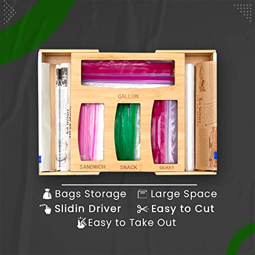 LuckyFim 6-in-1 Ziplock Bag Organizer for Drawer with 2 Slide Cutter & Ziplock Holder - Baggie organizer for drawer - Zip Lock bag organizer for Gallon, Quart,Sandwich&Snack