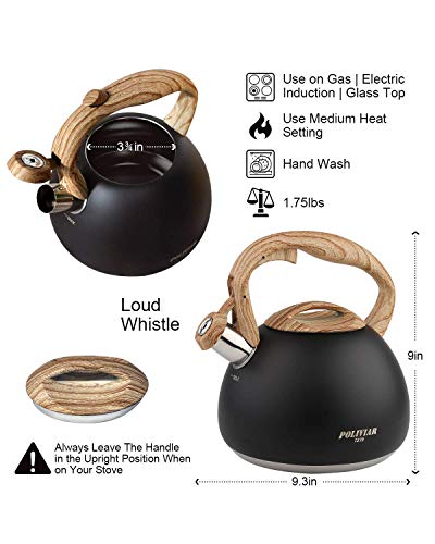 POLIVIAR Tea Kettle, Black Ti Stovetop Tea Kettle 2.7 Quart , Audible Whistling Teapot, Food Grade Stainless Steel for Anti-Rust and Anti Hot Handle, Suitable for All Heat Sources (JX2018-WB20)