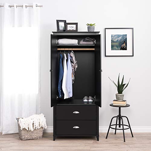 Prepac Yaletown Traditional Wardrobe Closet with Drawers and 2 Doors, Stylish 2-Door Armoire Portable Closet 21" D x 31.5" W x 72" H, Black, BABH-1205-2K