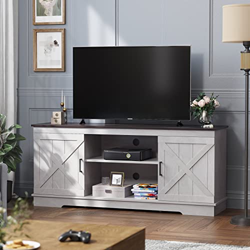 YITAHOME Buffet Cabinet, 59.5β Farmhouse Sideboard Buffet Storage Cabinet with Barn Door Coffee Bar Cabinet with Capacity 300 lbs for Home Dinning Living Room, Grey White/Espresso, 26β Height