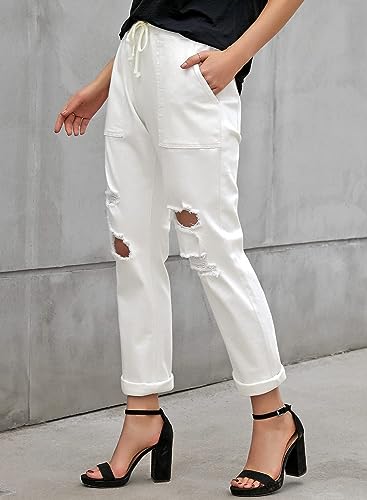 Metietila Women’s Casual Pull-on Distressed Stretch Jean Elastic Waist White Jeans Denim Joggers Pants for Women Medium