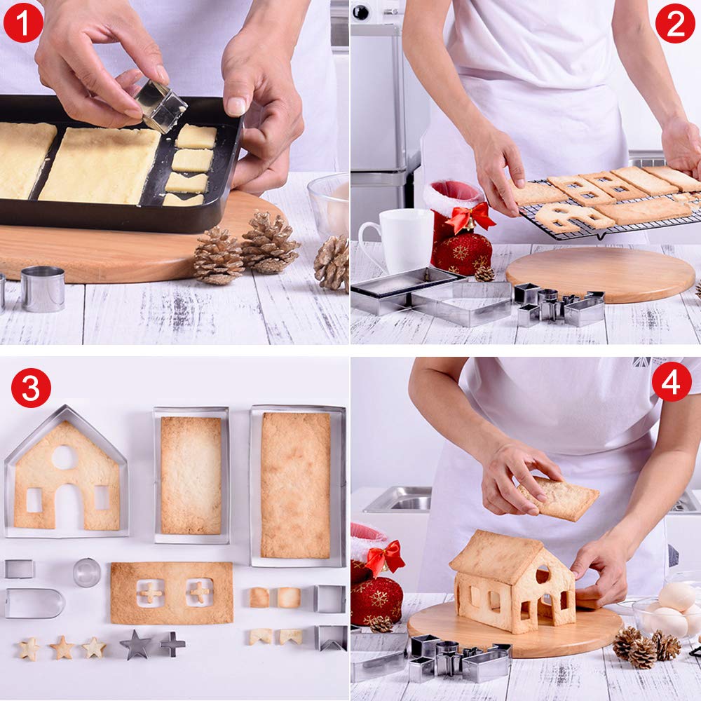 Gingerbread House Cookie Cutter Set, Gingerbread House Kit, Christmas Gingerbread Cookie Cutter for Kids Adults, Holiday Cookie Cutters Mold, 3D Stainless Steel Chocolate Pastry Baking Kit DIY Tool