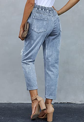 Metietila Women’s Casual Pull-on Distressed Stretch Jeans Elastic Waist Jean Light Indigo Denim Joggers Pants for Women XX-Large