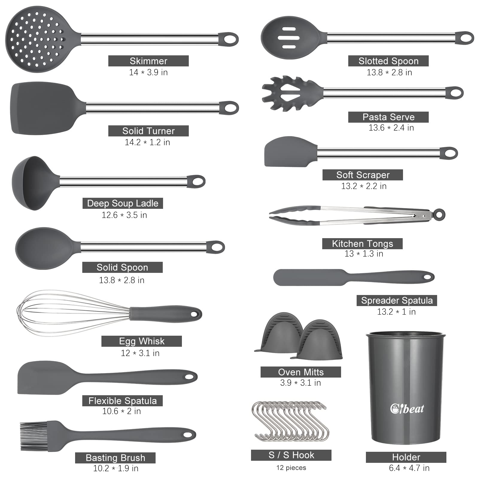 Cibeat Cooking Utensil Set, 27pcs Kitchen Silicone Cooking Utensils Set, Non-stick Kitchen Cookware with Stainless Steel Handle and Holder, Grey