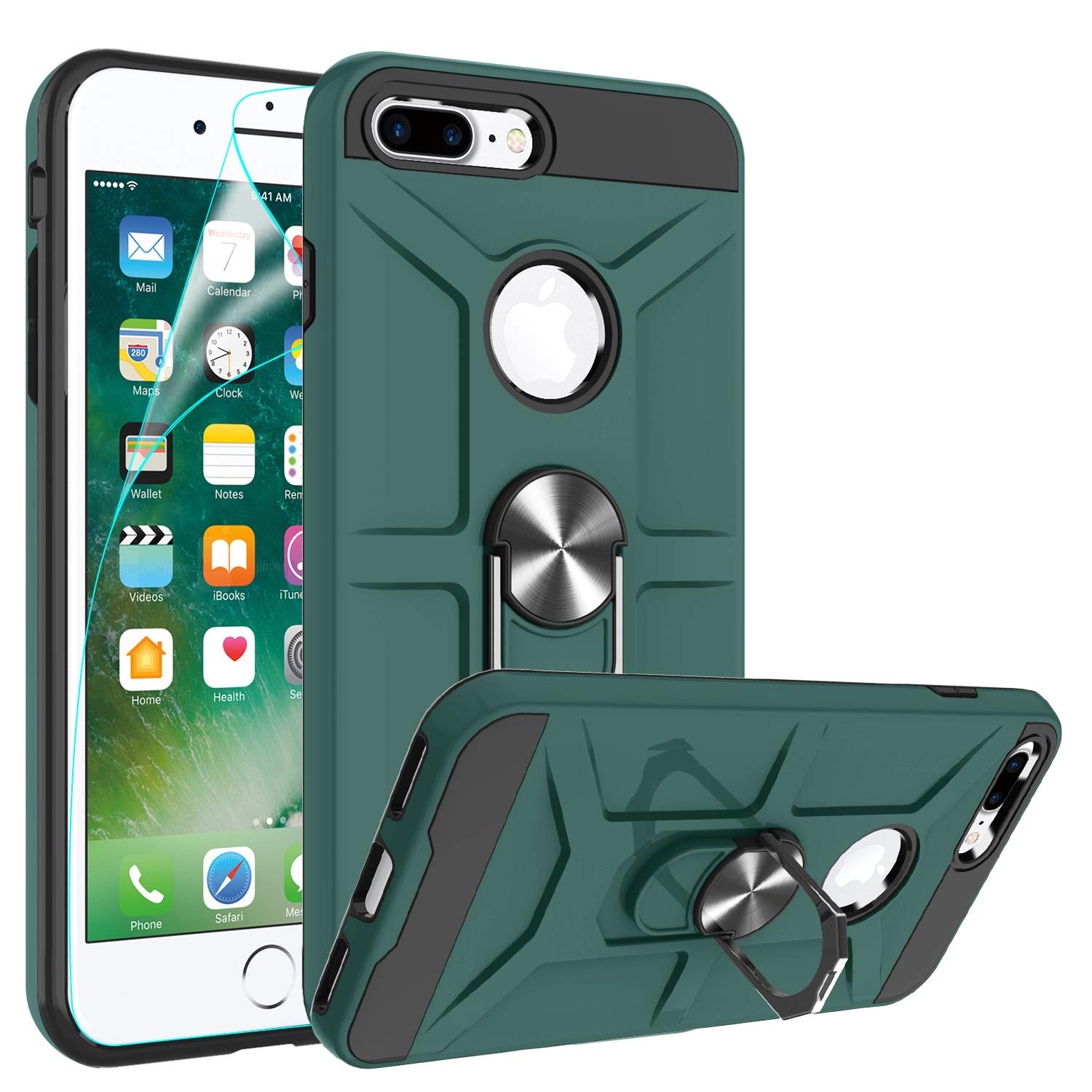 Compatible for iPhone 8 Plus Case, iPhone 7 Plus Case with HD Screen Protector, Atump Magnetic Ring Kickstand [Military Grade] Protective Phone Case for iPhone 8/7/6/6s Plus, Midnight Green