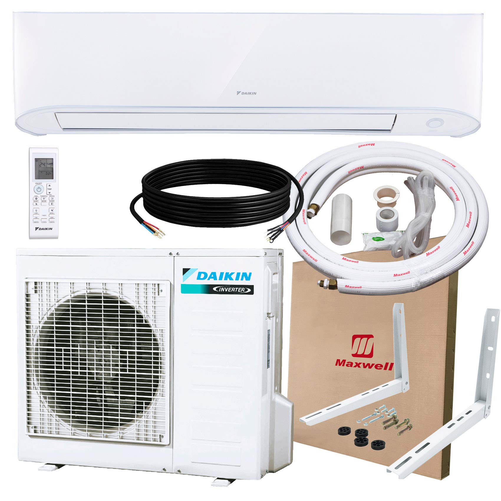 DAIKIN 9,000 BTU 17 SEER Wall-Mounted Inverter Ductless Mini-Split A/C Heat Pump System with Maxwell 16 ft Installation Kit and Wall Mounting Bracket 230V