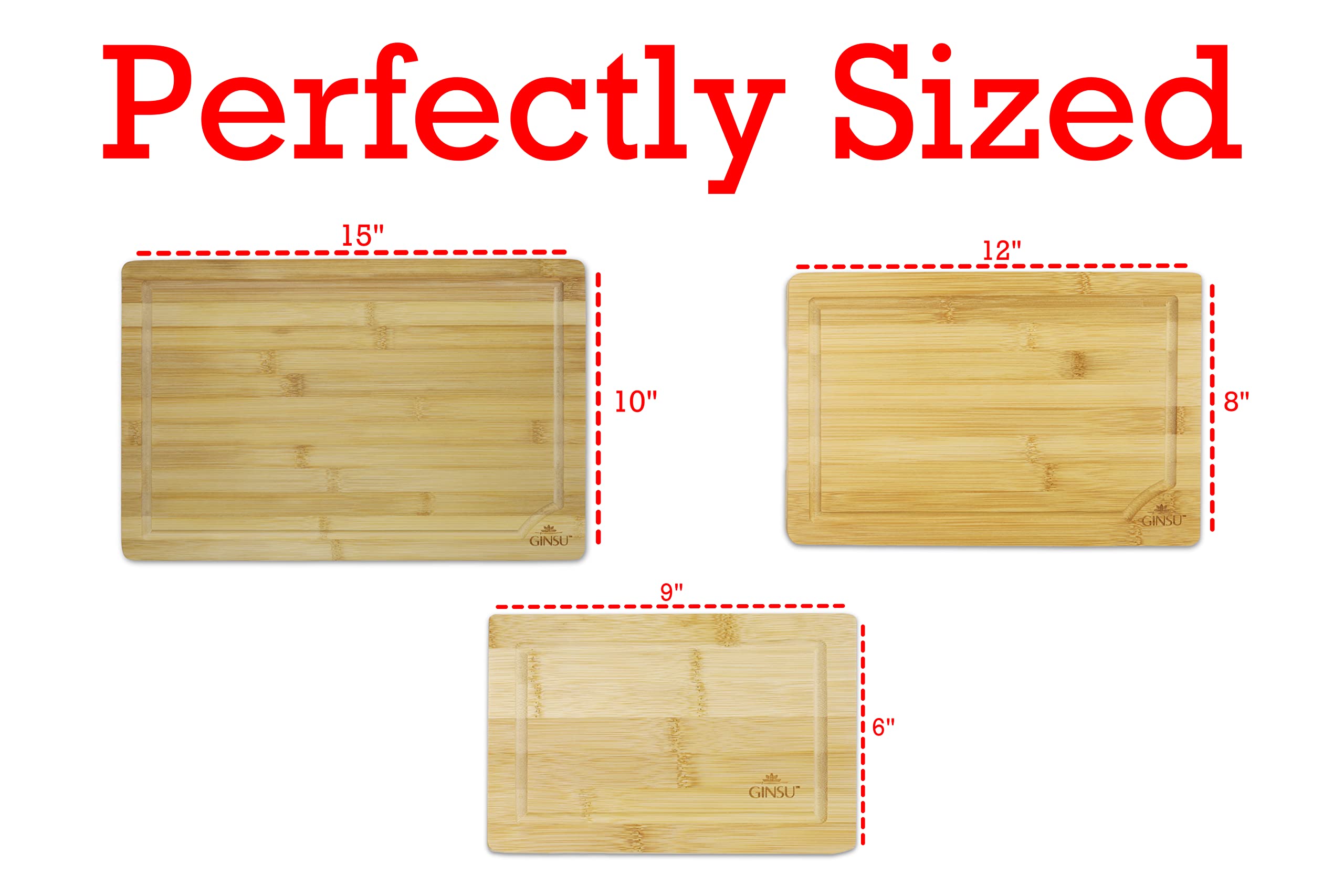 Ginsu Cutting Board Set – 3Pcs Bamboo Cutting Board for Chopping, Slicing, Dicing – Heavy Duty Butcher Block Countertop Household Supplies – Protects Cooking Surface, Knife Blade