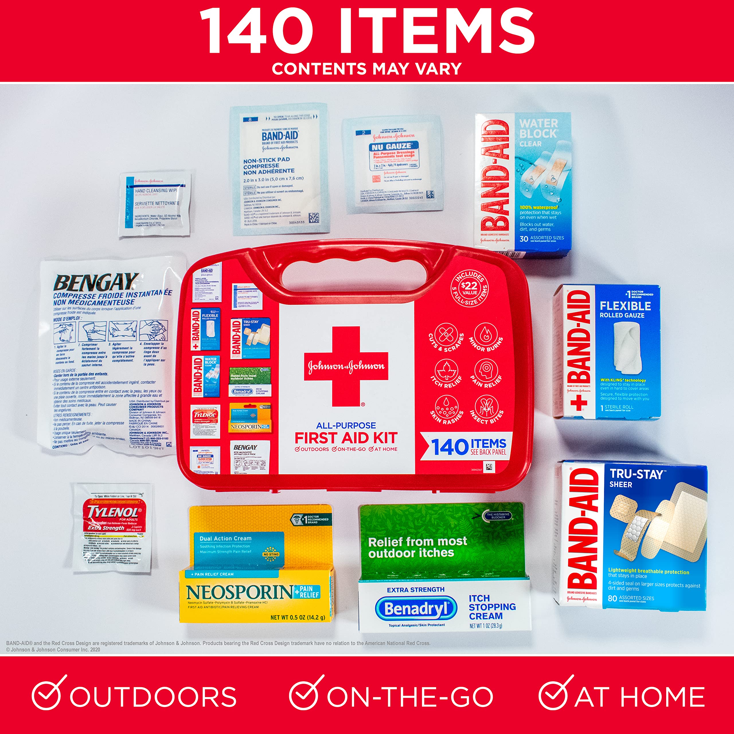 Johnson & Johnson All-Purpose Portable Compact First Aid Kit for Minor Cuts, Scrapes, Sprains & Burns, Ideal for Home, Car, Travel and Outdoor Emergencies, 140 Pieces