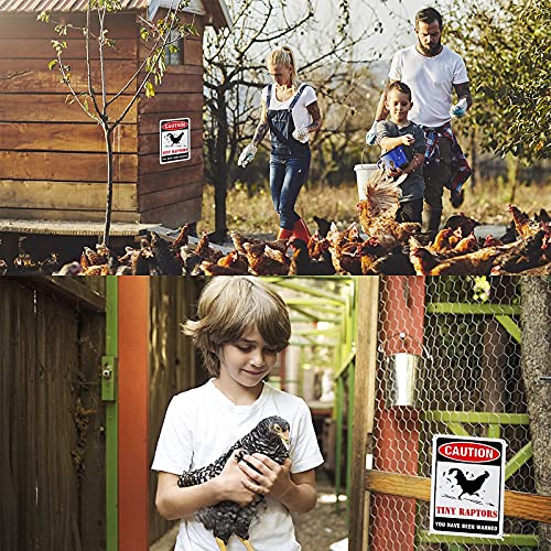 GLOBLELAND 2Pack Caution Tiny Raptors Sign Aluminum Chicken Coop Signs for Farm Kitchen Rooster Hen House Decor Beware of Chicken Signs for Chicken Lady Lovers, 7x10inches Waterproof