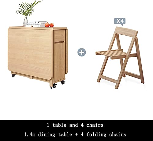 Juan Folding Dining Table Set, Wooden Extendable Dining Table with 4 Chairs, Drop Leaf Table for Kitchen Dining Room Living Room Restaurant-1.4m