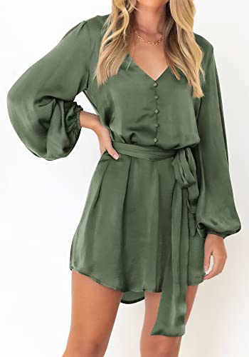 PRETTYGARDEN Women's Spring Long Puff Sleeve Satin Dress V Neck Cocktail Party Belted Short Formal Dresses (Army Green,Medium)