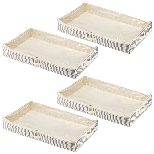 mDesign Soft Fabric Under Bed Storage Organizer Holder Bag for Clothing, Accessories, Linen - Easy-View Top Panel, Attached 2-Way Zippered Lid, Side Handles - 4 Pack - Natural/Cobalt Blue