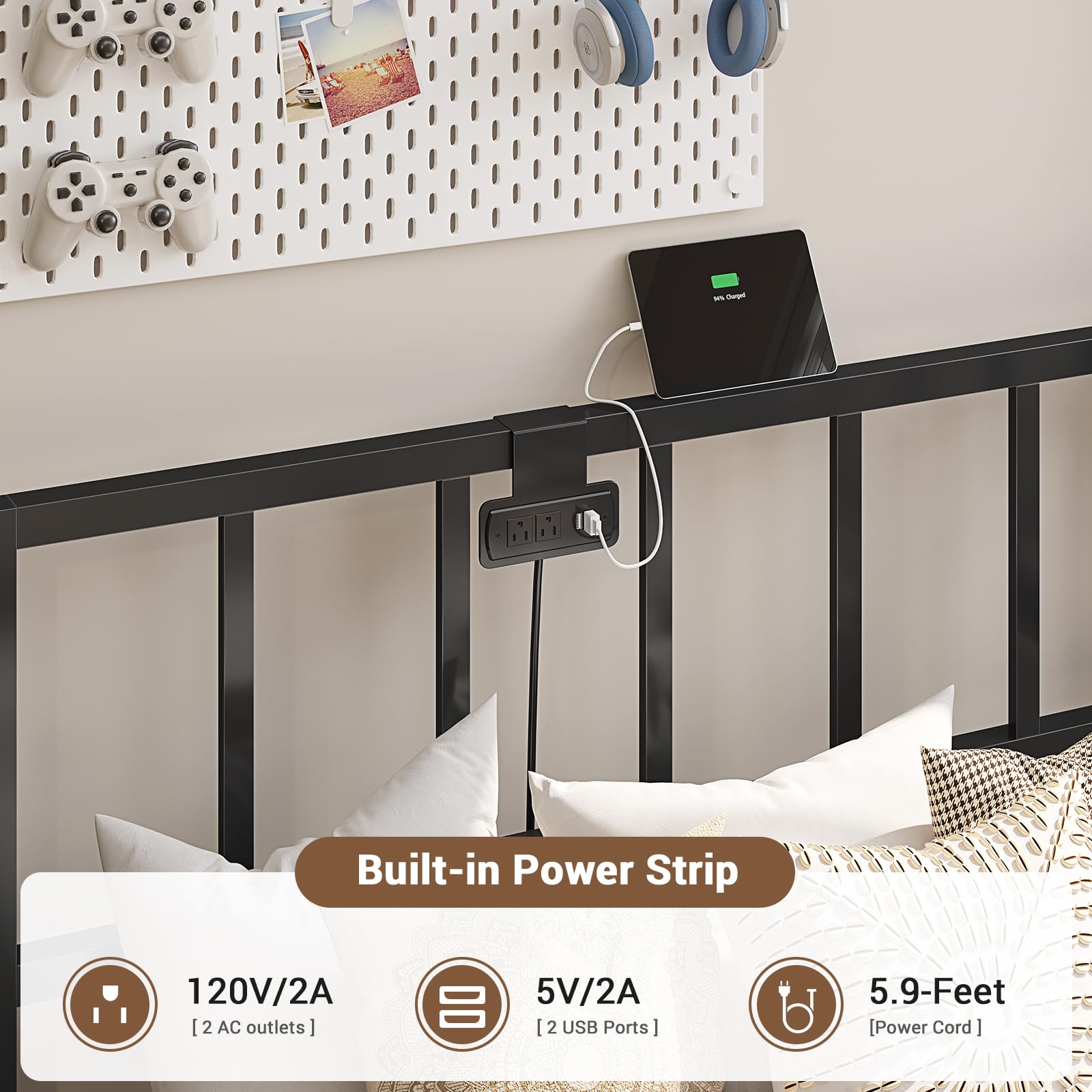 Hasuit Corner Bed Frame Twin Size with LED Light and Charging Station, Modern Twin Bed with 2 Underbed Storage Drawers, Modern Daybed No Box Spring Needed/Noise-Free, Black&Gray