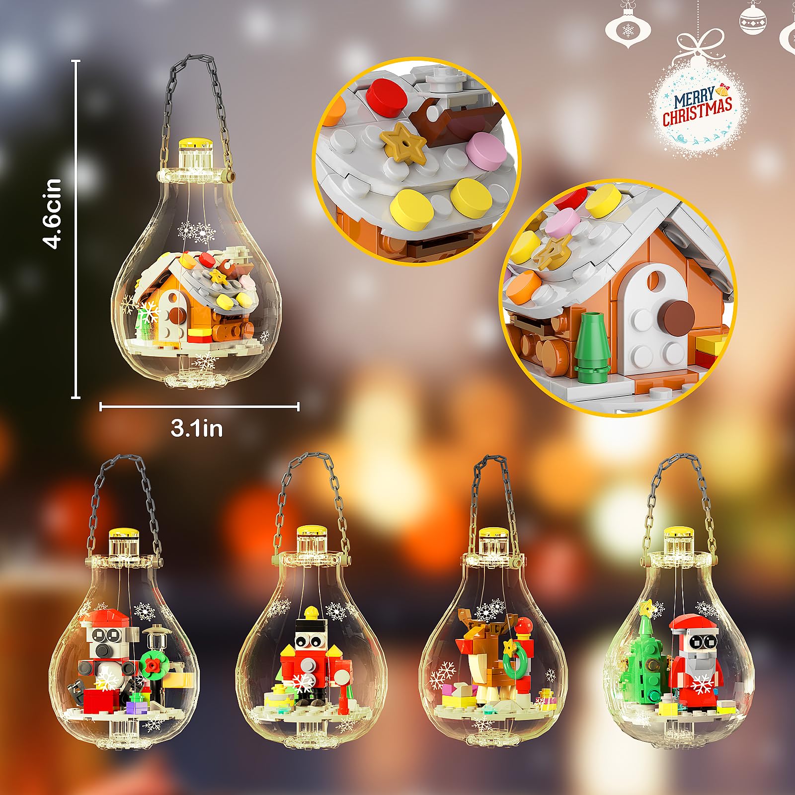 Christmas Building Block Set, Christmas Tree Ornament Decoration with Light, Compatible with Lego, Santa Claus Gingerbread House Nutcracker Elk Polar Bear Toy, Suitable Suitablefor Kids 6+(404 Pcs)