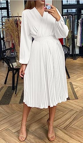 PRETTYGARDEN Women's Fall Midi Dress Long Puff Sleeve Wrap V Neck Flowy Ruffle Pleated Casual Dresses (White,Large)