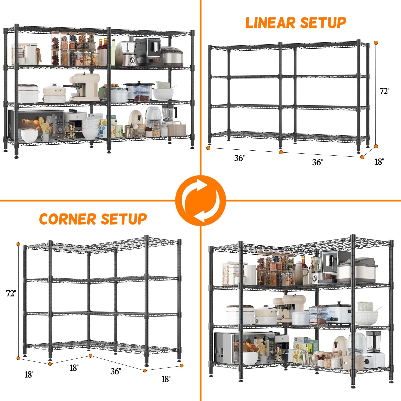 Homdox Heavy Duty Metal Shelves for Storage, 4 Tier Storage Racks and Shelving, Adjustable Wire Shelving Unit, Garage Rack Pantry Shelves Kitchen Shelving, 18"x72"x60", Black