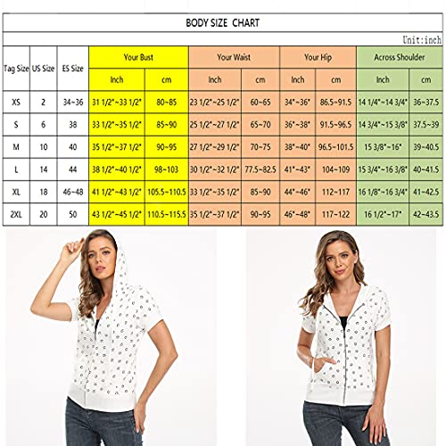 Dilgul Women's Short Sleeve Hoodie Full Zip Up Jacket Casual Sweatshirt Kanga Pocket White XL