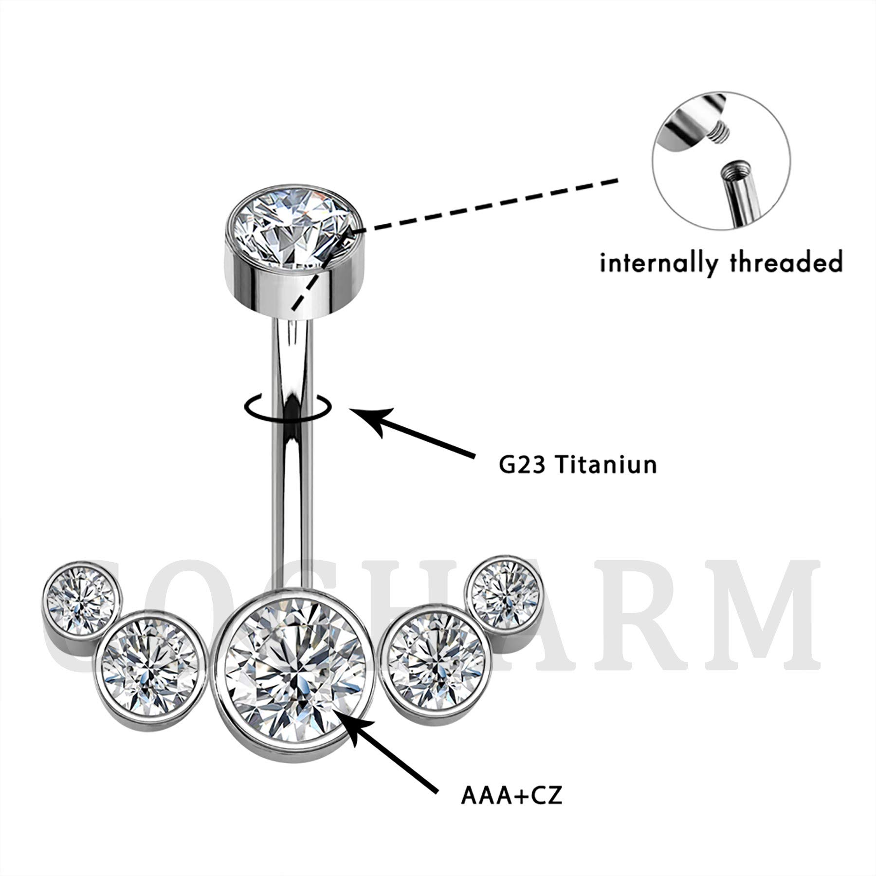 COCHARM G23 Solid Titanium Belly Button Ring 14g Bezel Cluster Opal Belly Rings Dangle Belly Button Rings Surgical Steel for Women Men