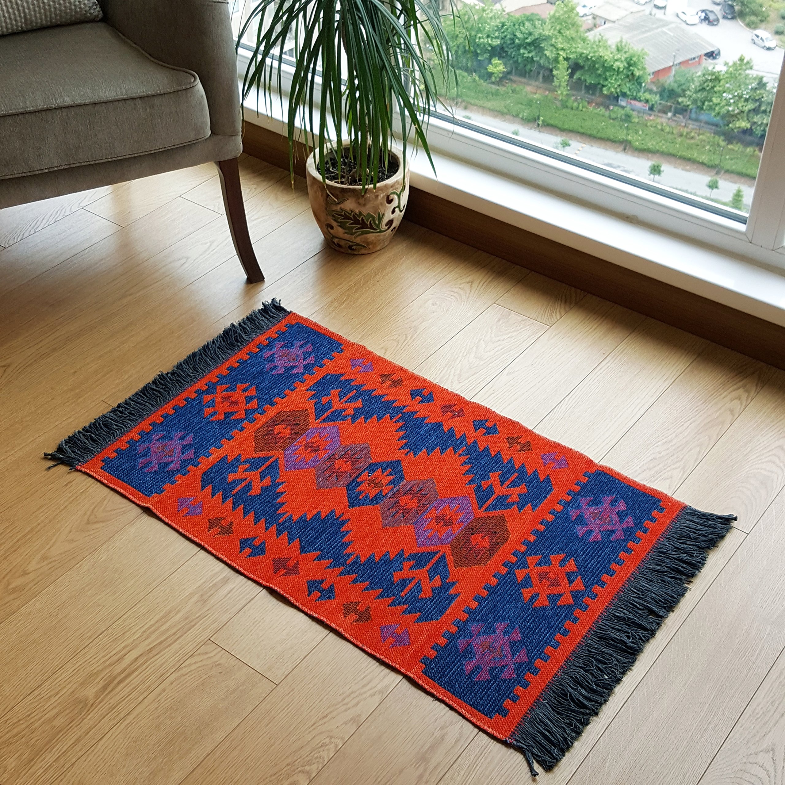 Secret Sea Collection Modern Bohemian Area Rug, Washable, Reversible, Cotton (Charcoal Grey-Orange), 2.4' x 4' ft (27.5'' x 48'') Diamond